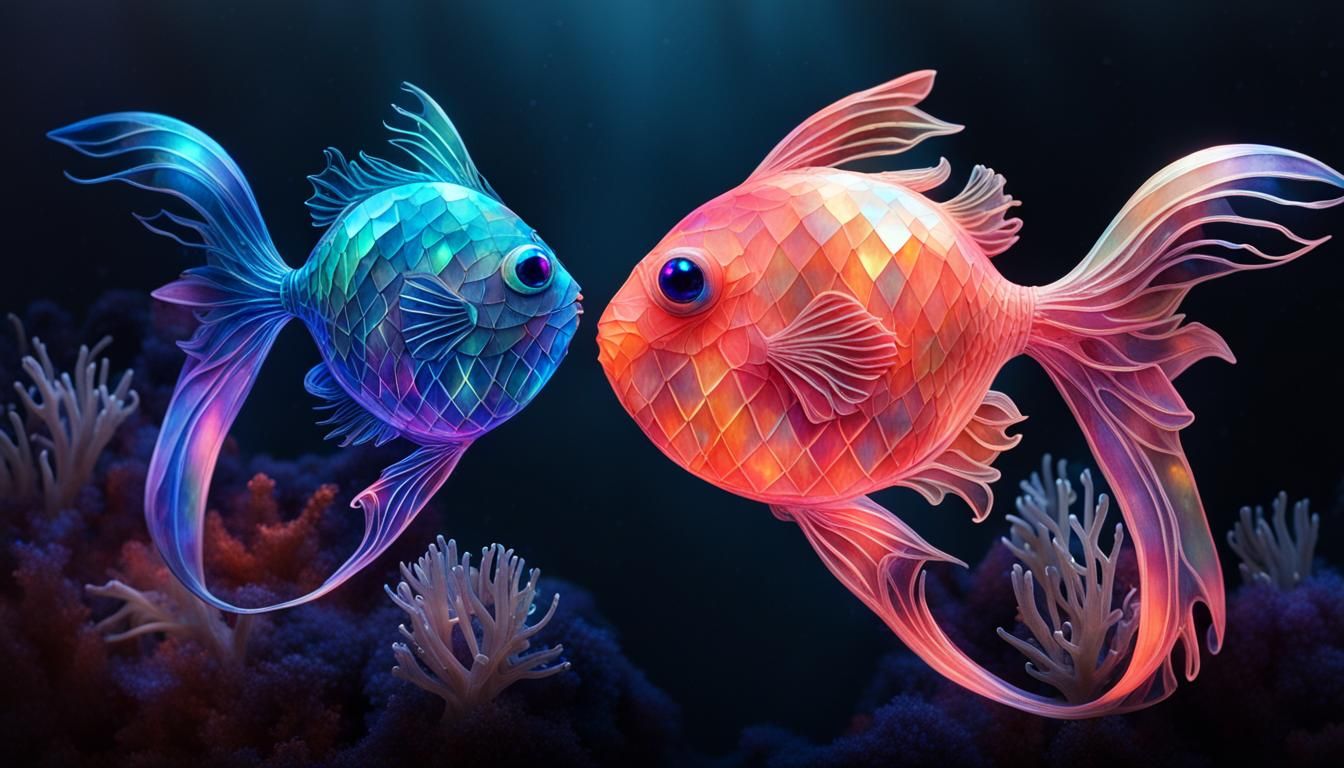 Dark water, coral, glowing crystal iridescent faceted gemstone sploosh ...