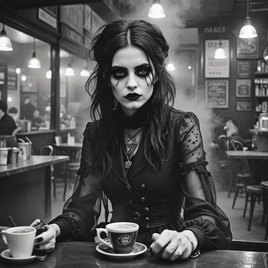 Goth Model in Moody Black and White Coffee Shop Sc... - AI Art