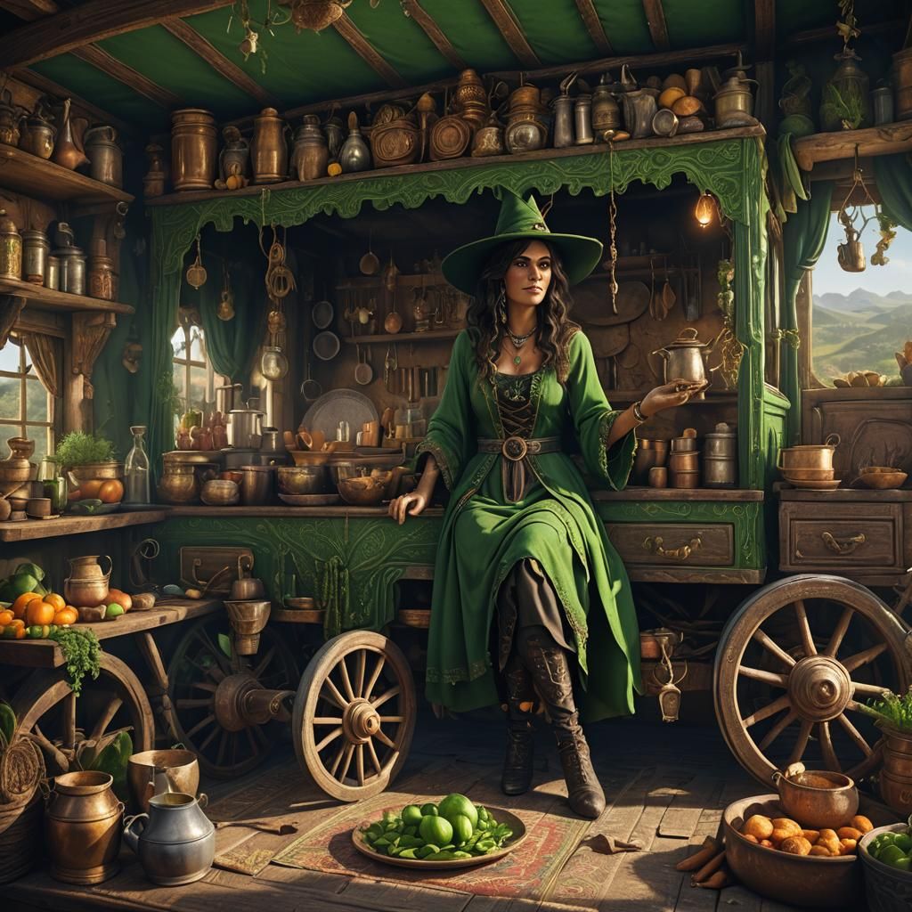 hot young gypsy witch, green witch, kitchen witch, inside Romani wagon ...