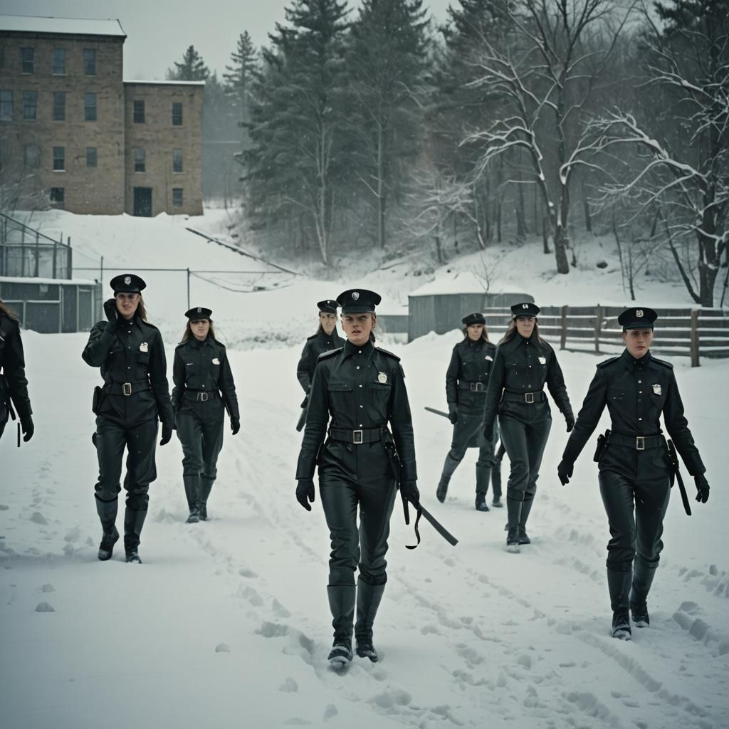 Six statuesque female prison guards wearing black leather uniform and ...