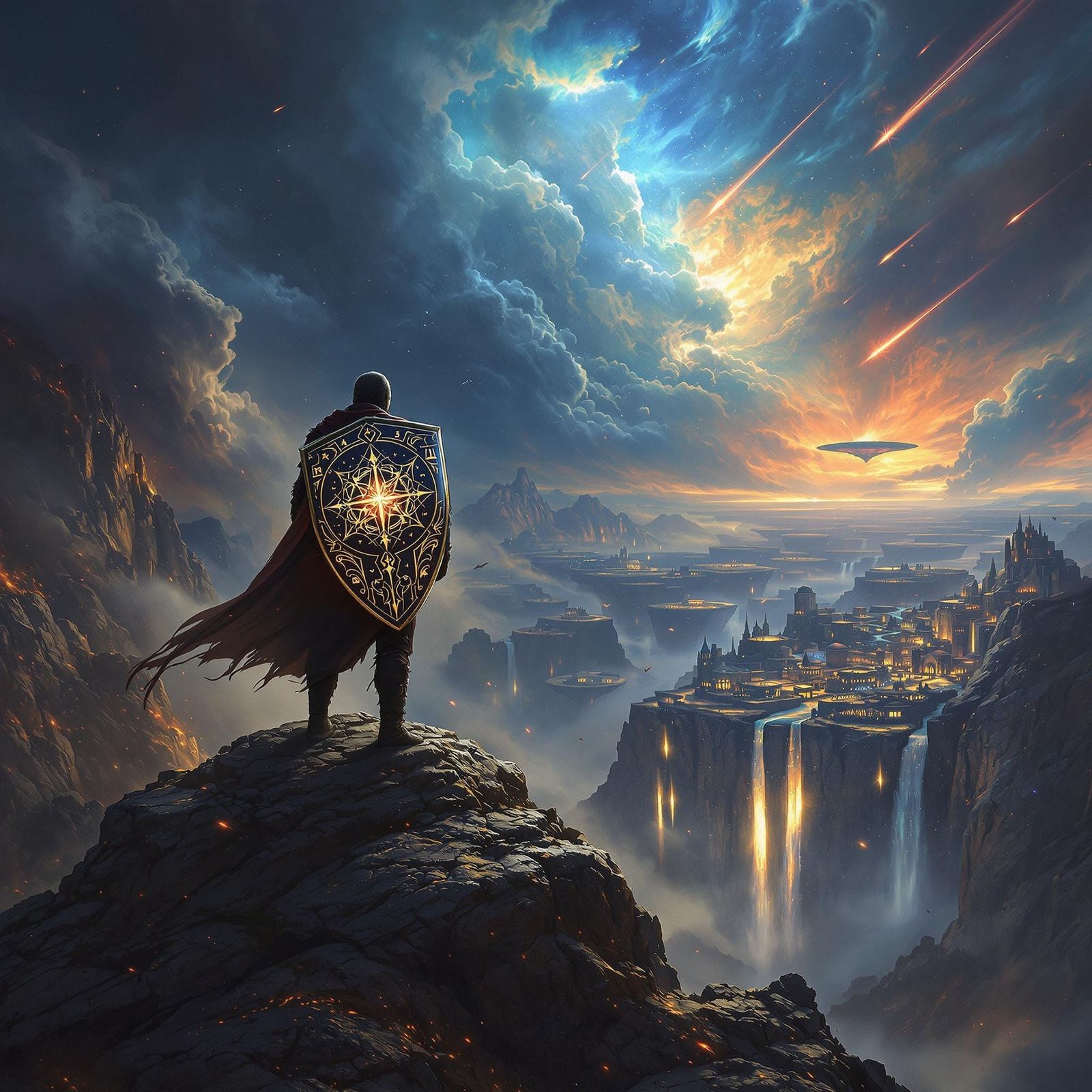 a lone warrior standing atop a colossal mountain peak, wielding an ...