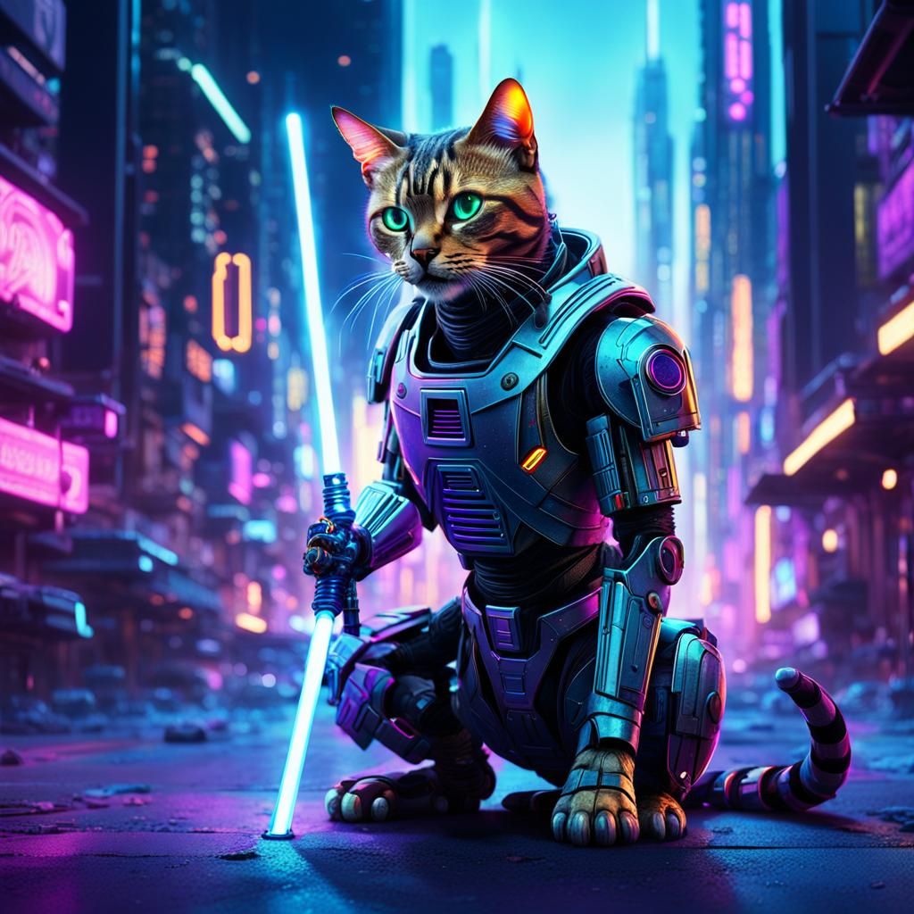 Robot cat with lightsaber - Cyberpunk Robot Feline Wields Gl...