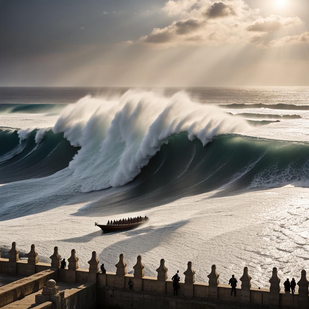 View from a citadel palace out towards the ocean, huge tsunami waves ...