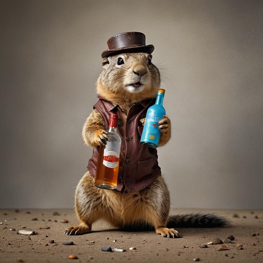 a cute gopher dressed as an alcoholic, holding a bottle of vodka ...