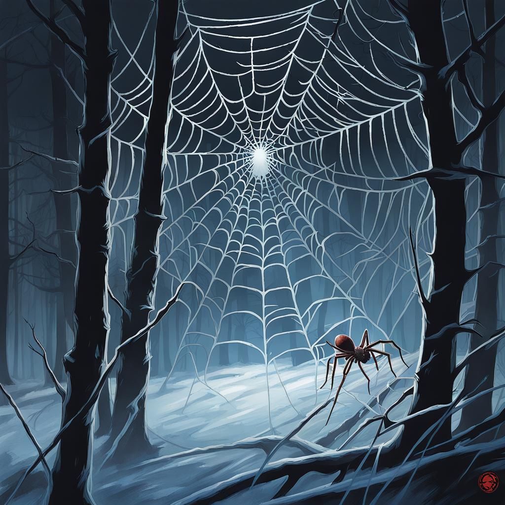 Spider on spiders webs icy at night full moon forest - AI Generated ...