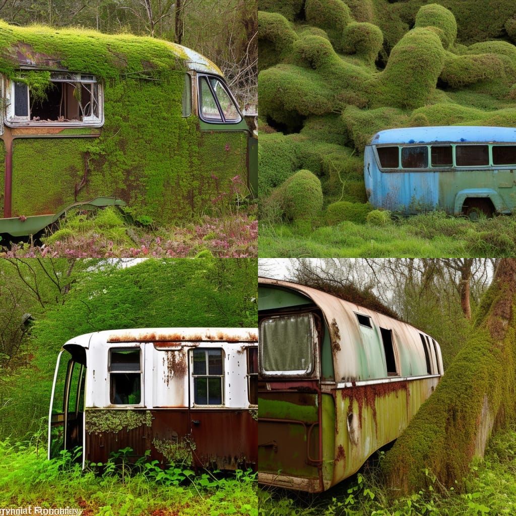 abandoned rusty old Caravan overgrown with creeping vines moss and ...