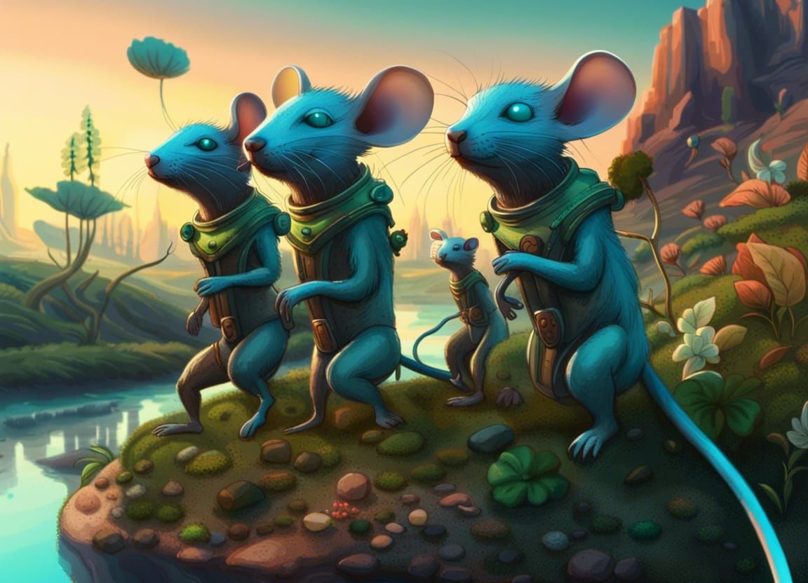Humanoid rats on another planet are standing on riverbank in awe and ...