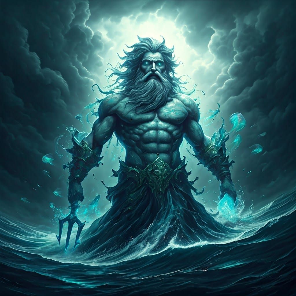 Hyper-Realistic Digital Artwork of Poseidon in Tur... - AI Art