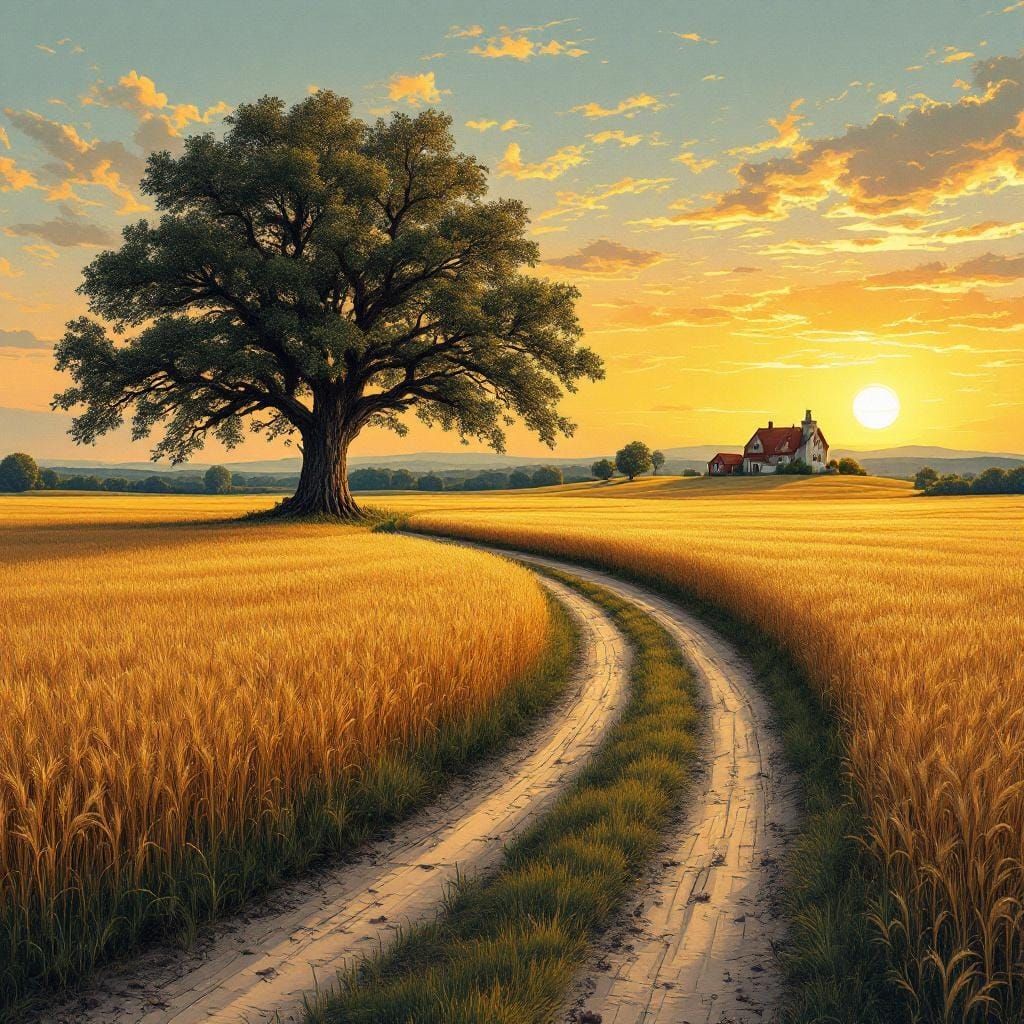 Wheat Field Farm View - Golden Wheat Field: A Linocut Print