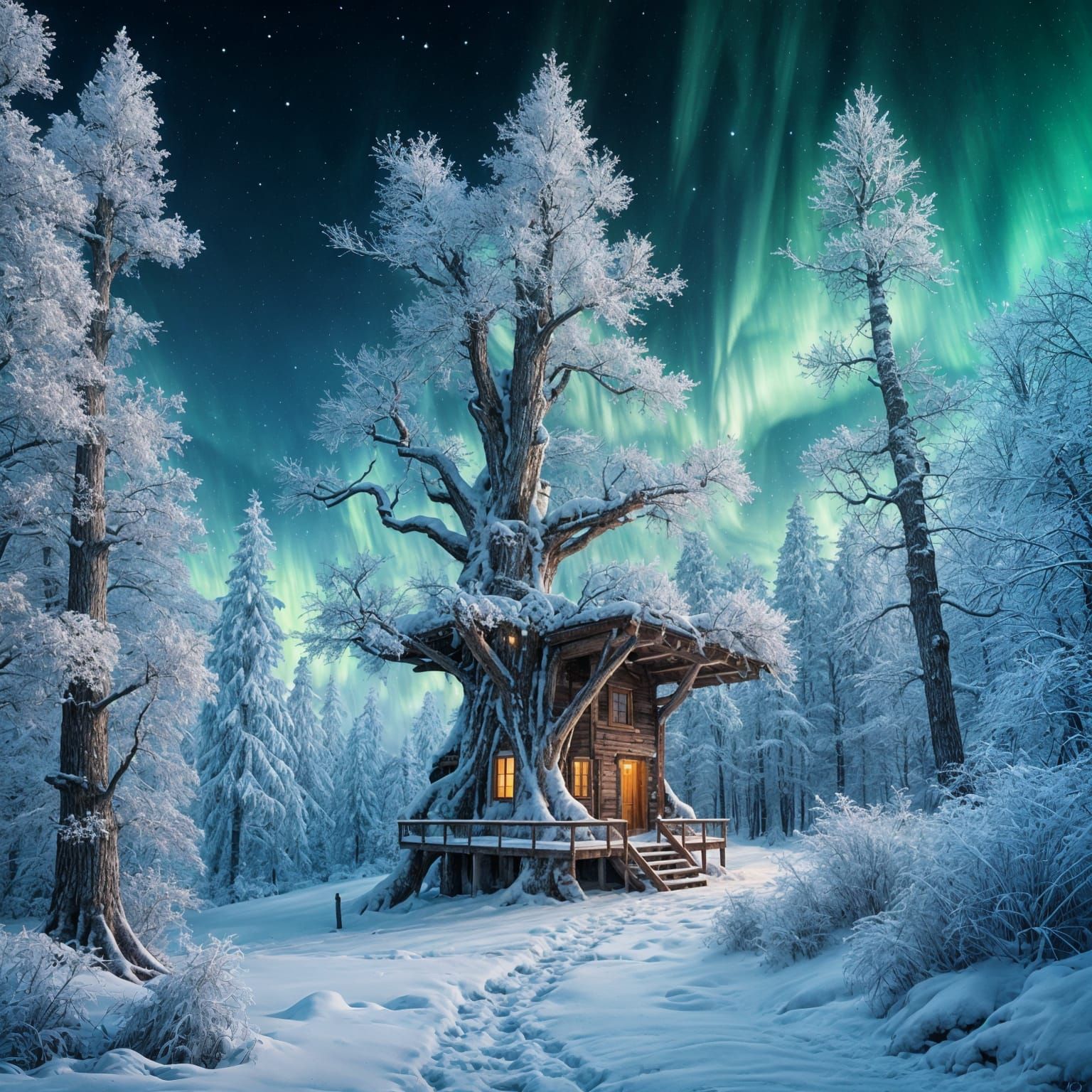 Surreal Winter Wonderland with Crystal Treehouse a... - AI Art