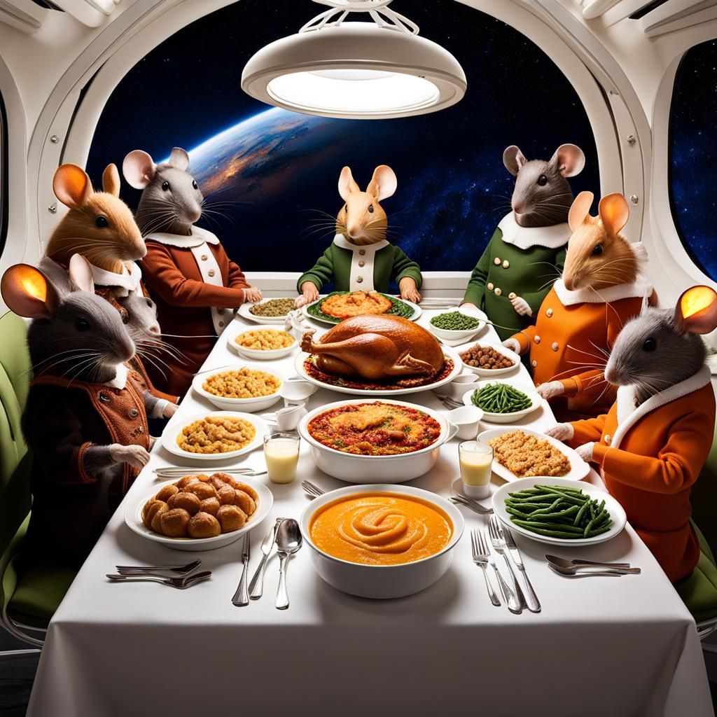Thanksgiving dinner, photography, human-sized clothed mice mouse ...