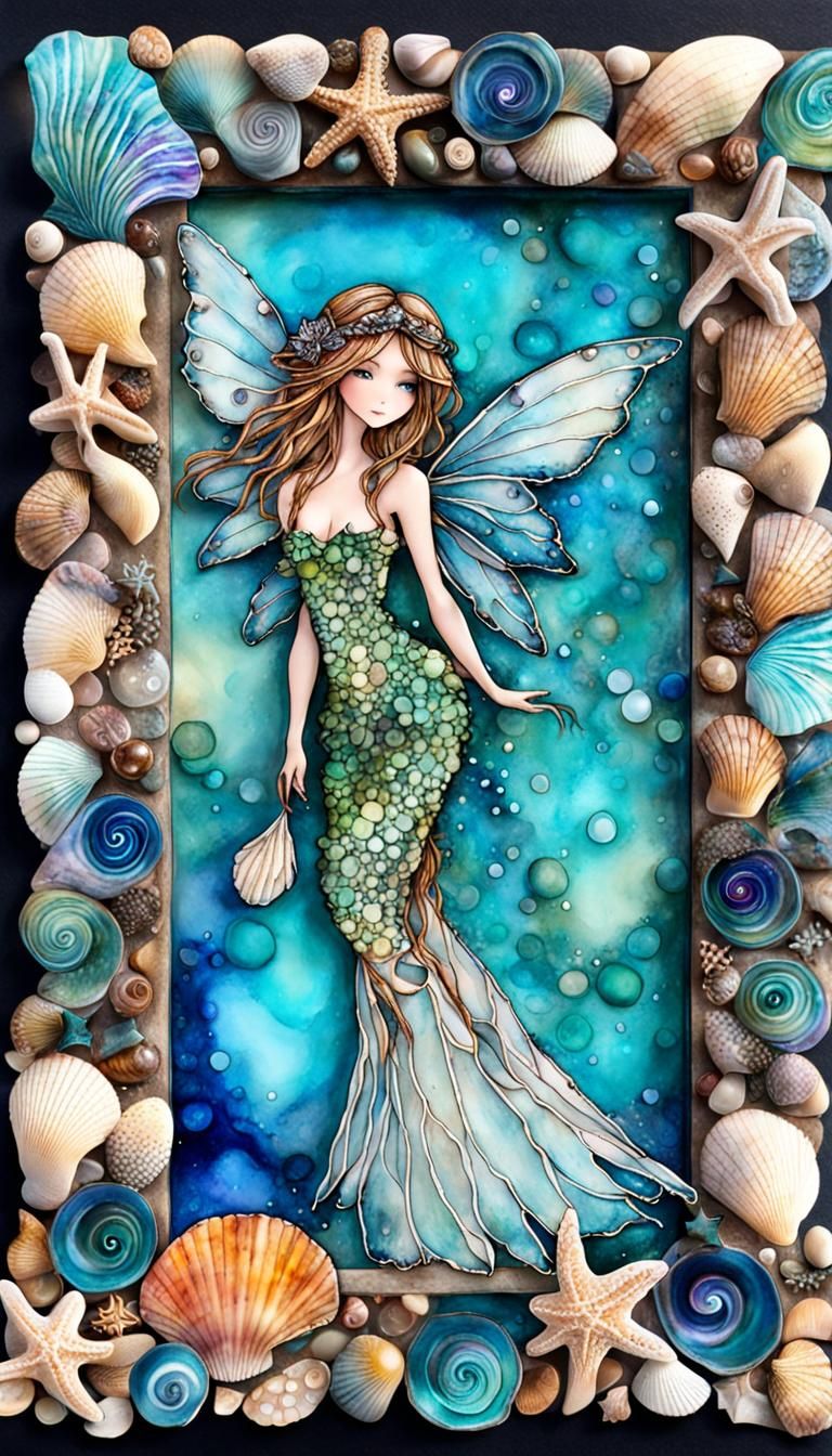 Alcohol ink. Ocean fairy. Shells frame behind fairy. - AI Generated ...
