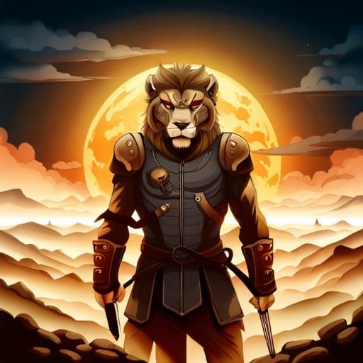 Powerfull Ninja, facing forward, and a stunning magnificent strong lion ...