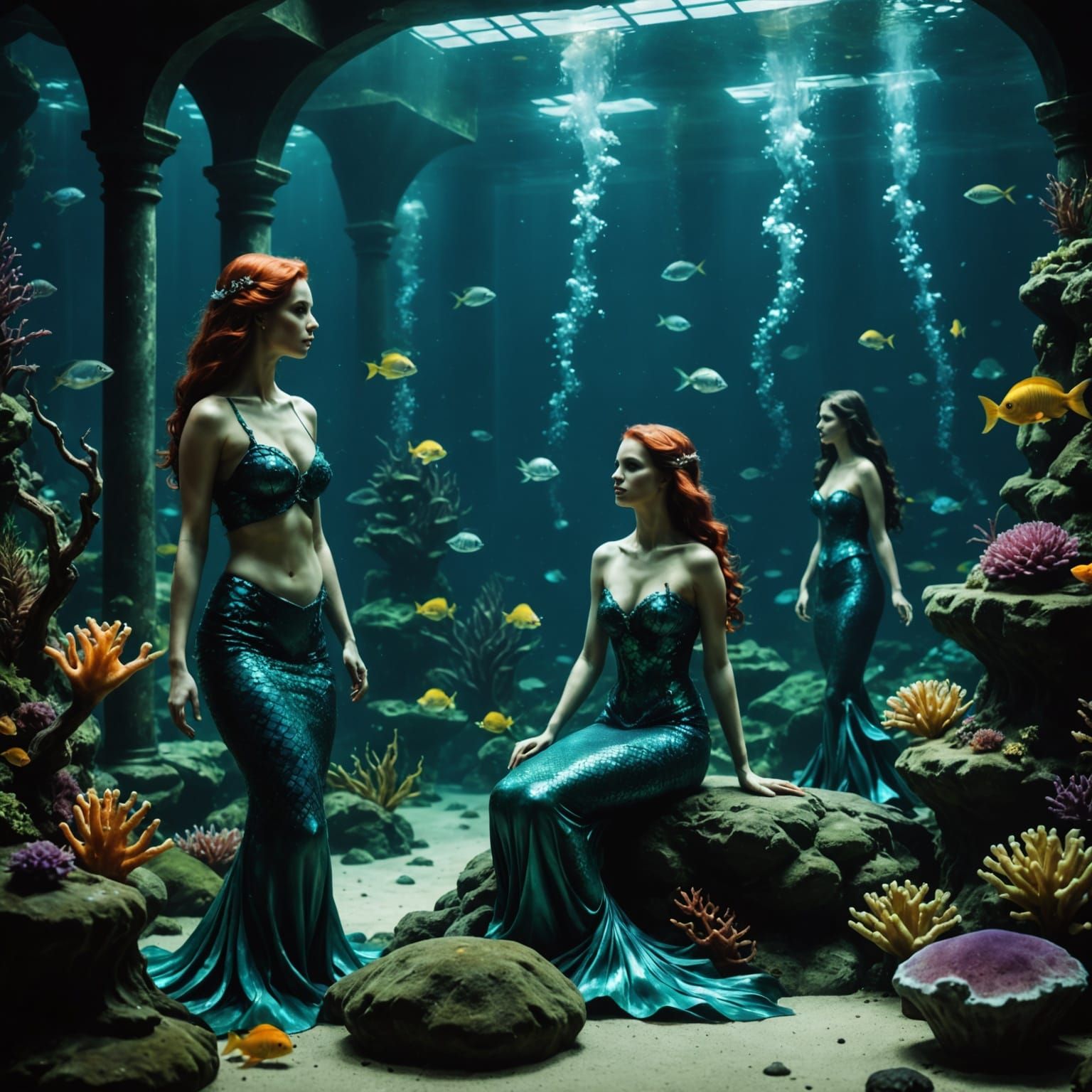 Mermaids in an aquarium in a photo shoot