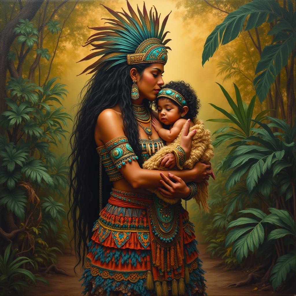 Ancient Aztec Mother in Traditional Attire with Ch... - AI Art