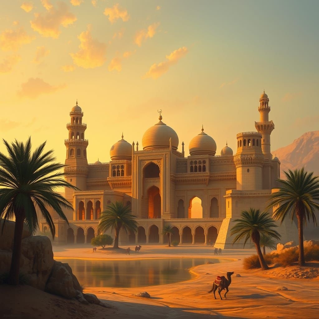 The Arabian castle - Orientalist Castle at Dusk in Desert O...