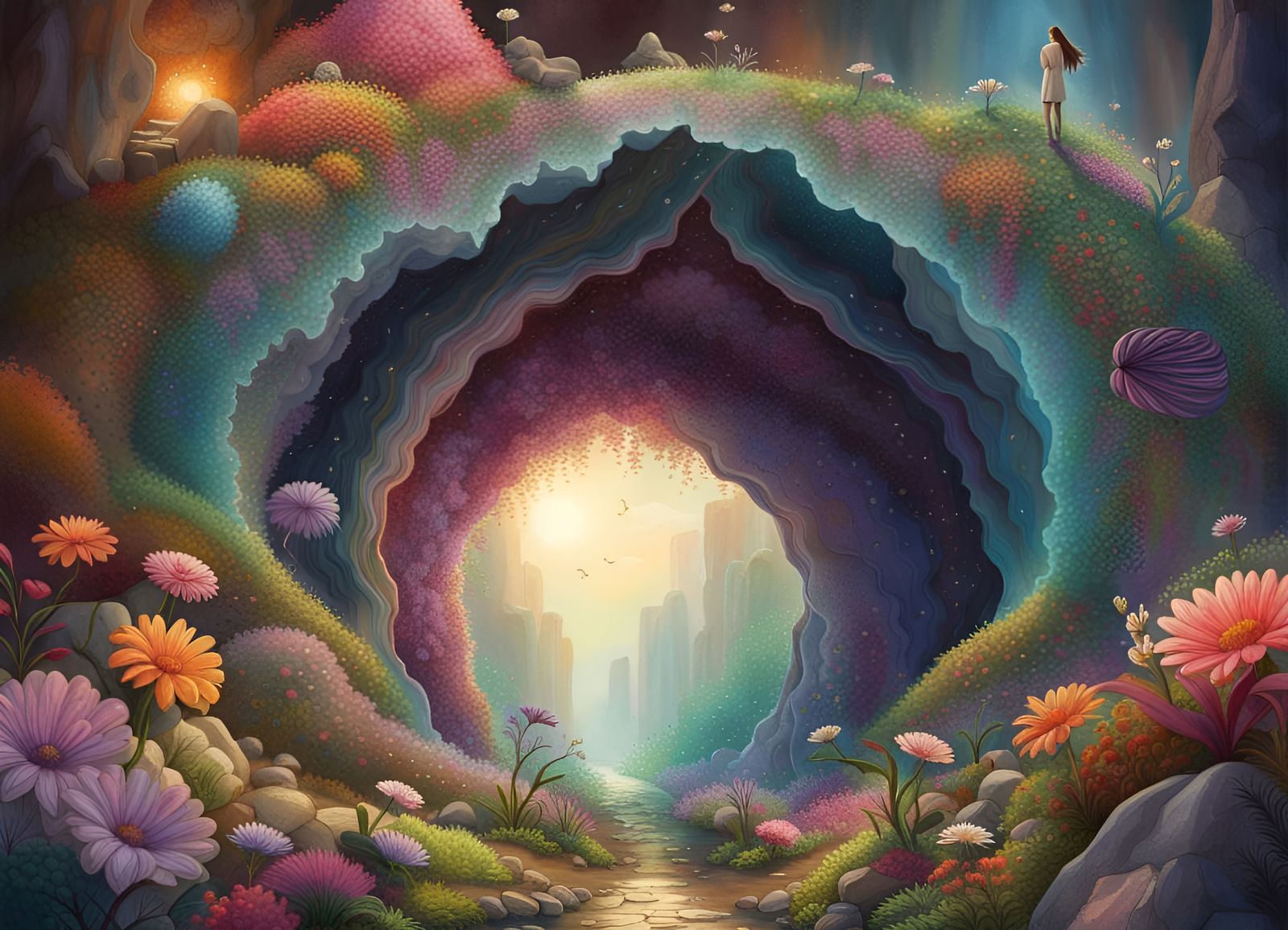 A massive, magical geode containing beautiful verdant gardens. A small ...