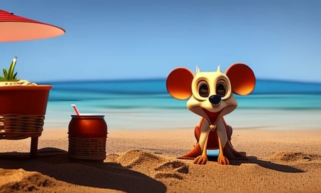 It's hot and the beach a Small, cute mouse is drinking a cold drink ...