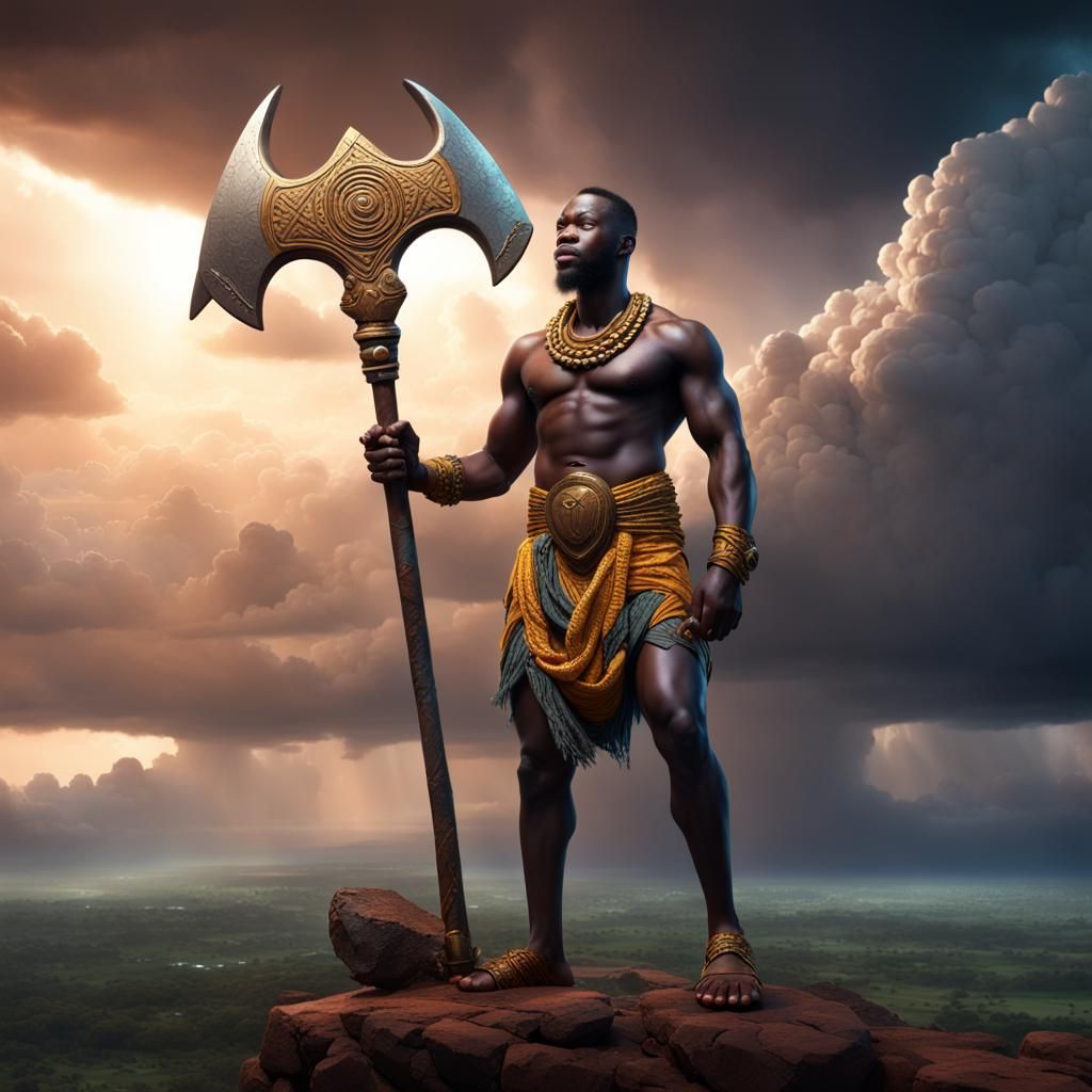 African God, Ogun, holding a double-headed axe while standing in the ...