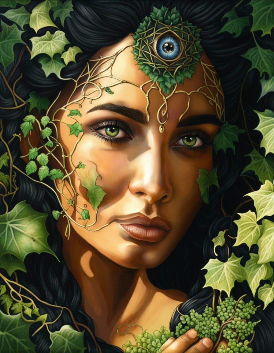 photorealistic, beautiful Gaia goddess, third eye piece, ivy vines ...
