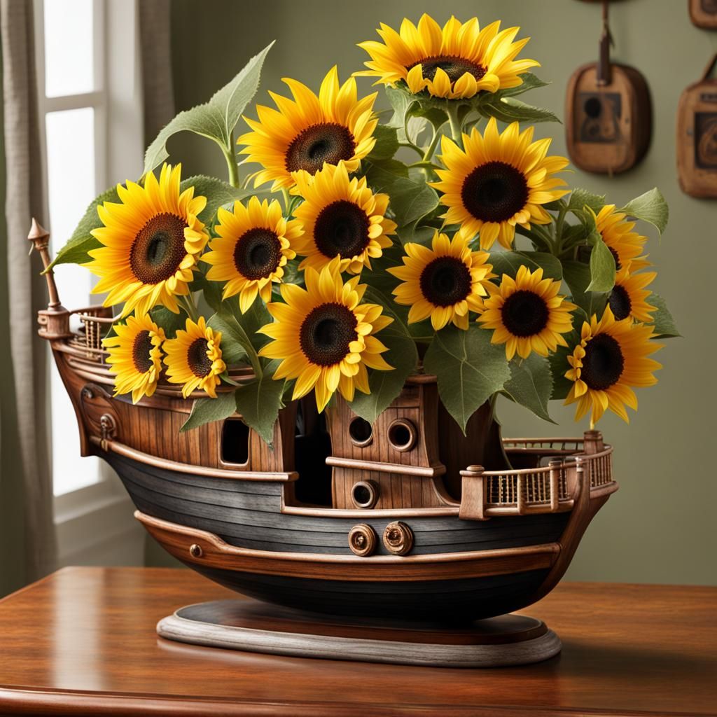 Sunflowers sitting in a pirate ship vase - AI Generated Artwork ...