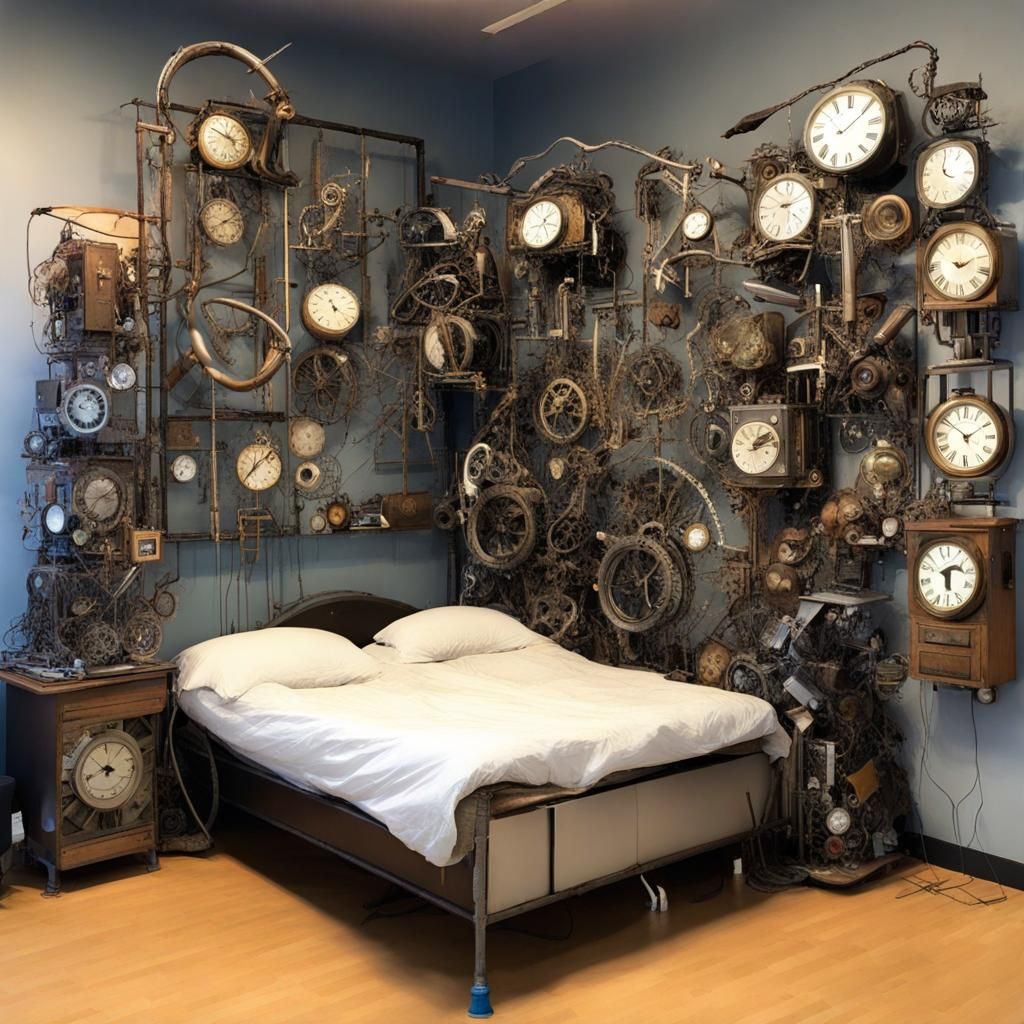 huge sculpture made of scrap metals, bed frames, old electronics ...