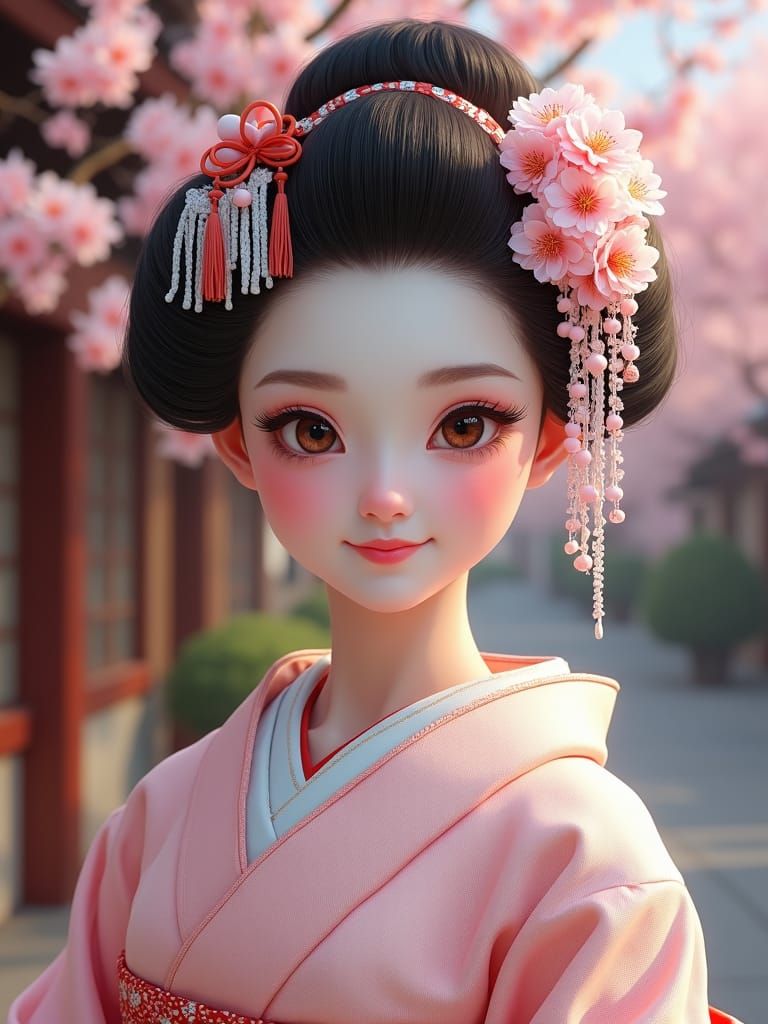 Geisha & Sakura - Smiling Geisha Looks Out Over Vibrant Cher...