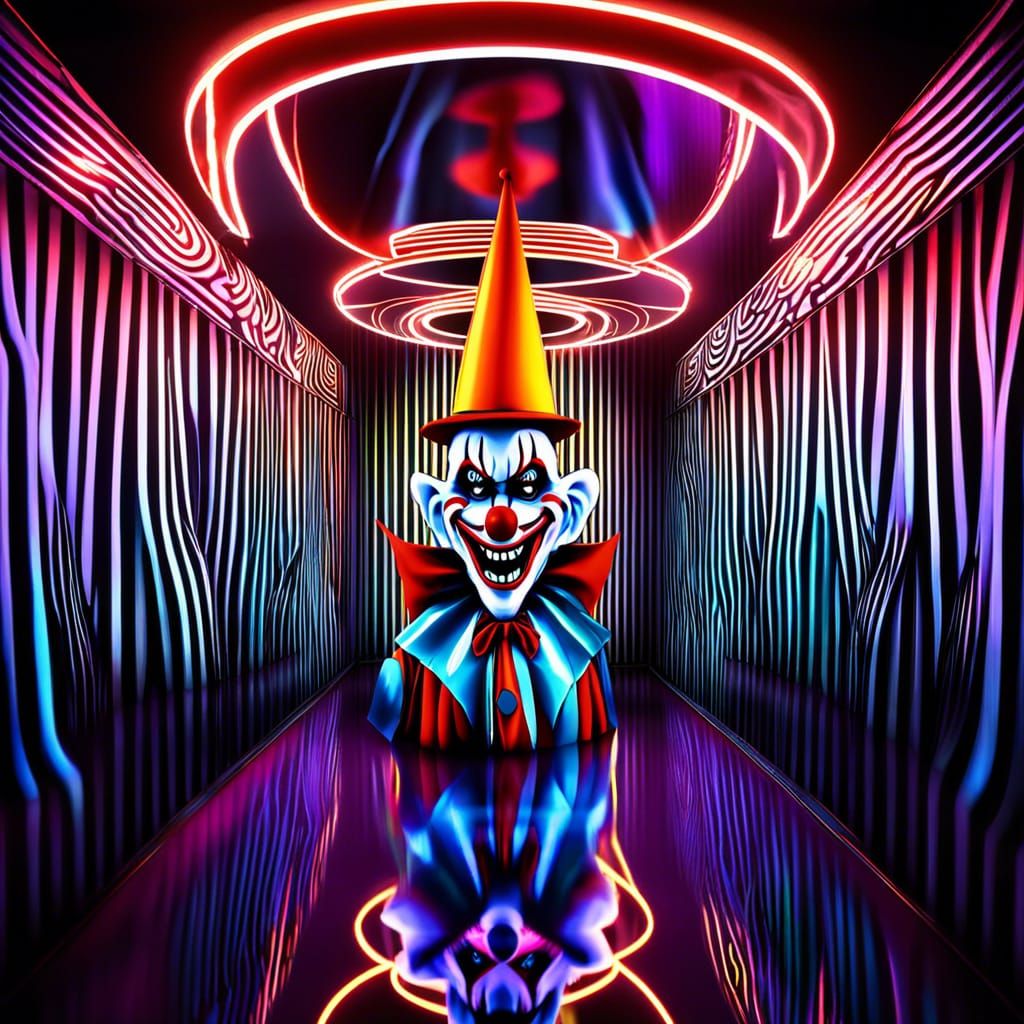 Spooky Mirror Maze with mirror reflecting a scary freaky dressed ...