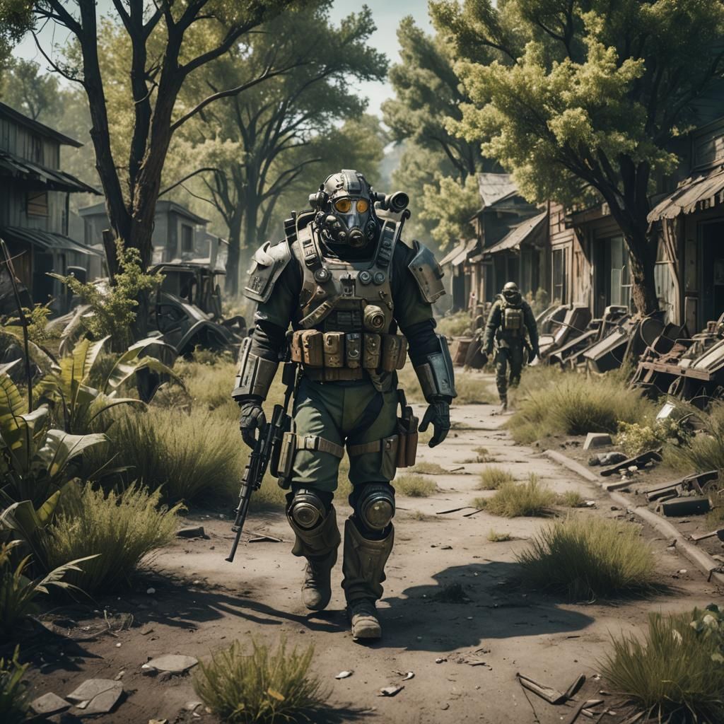 apocalyptic town overgrown with fallout soldier walking with his team ...