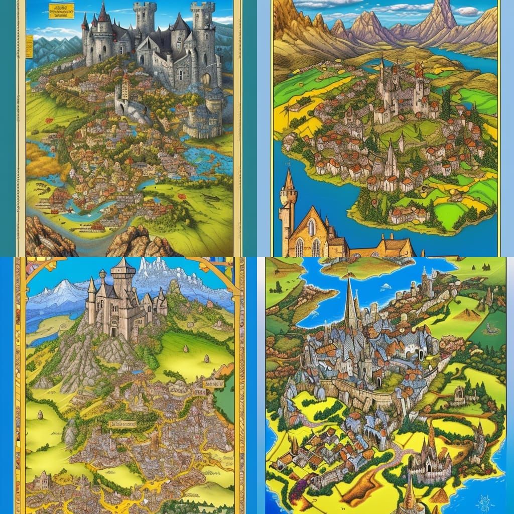 "Colorful Fantasy Medieval Country Map with Castles, Cities, Churches ...