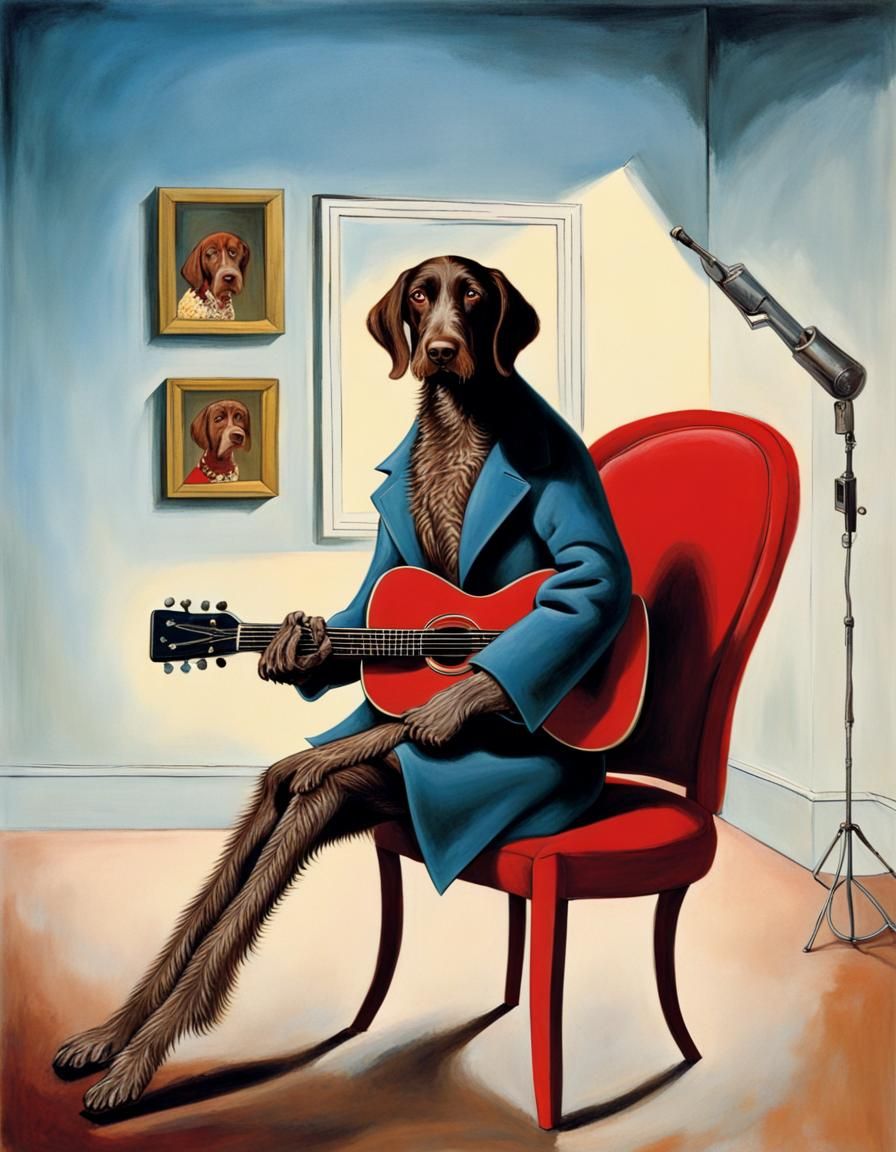 A scruffy brown german wirehaired pointer in a red fur coat sits on a ...