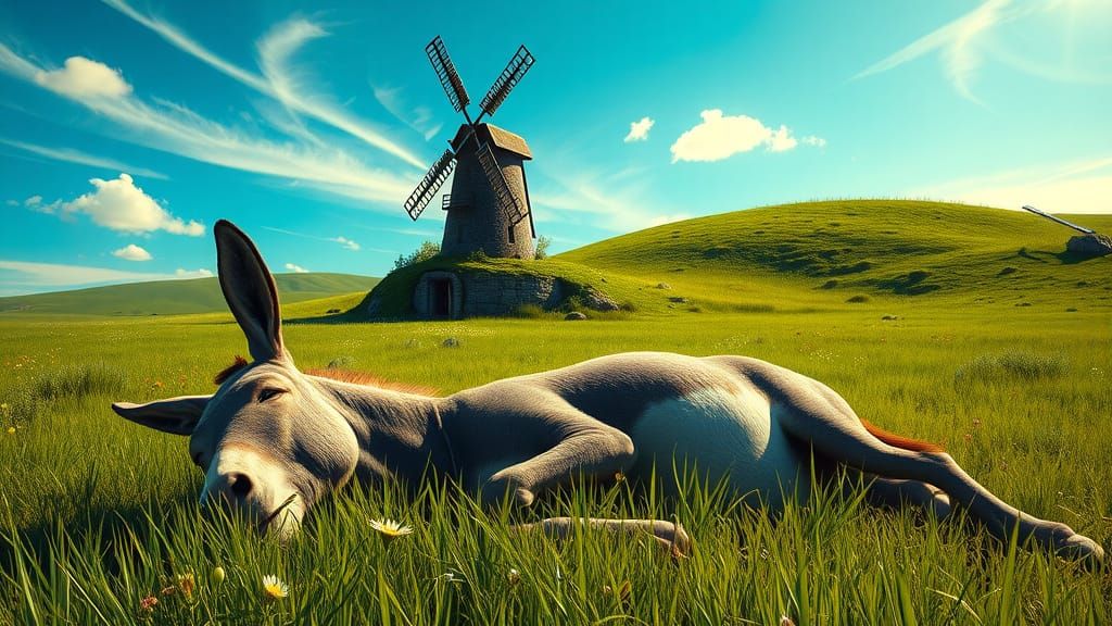 Donkey Shot - Lush Meadow with Lifeless Donkey and Weathered...