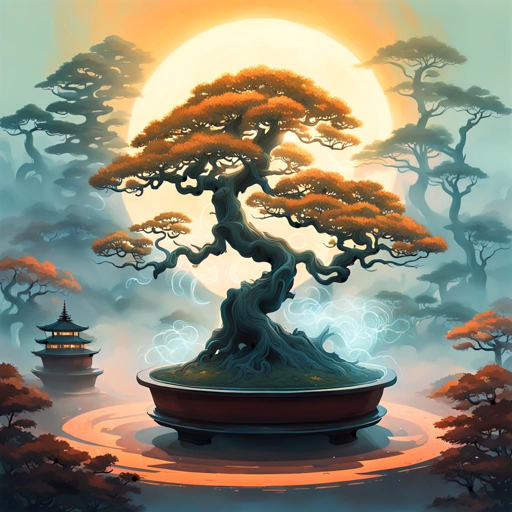 Ethereal Dance of the Bonsai Tree in Whirling Mist