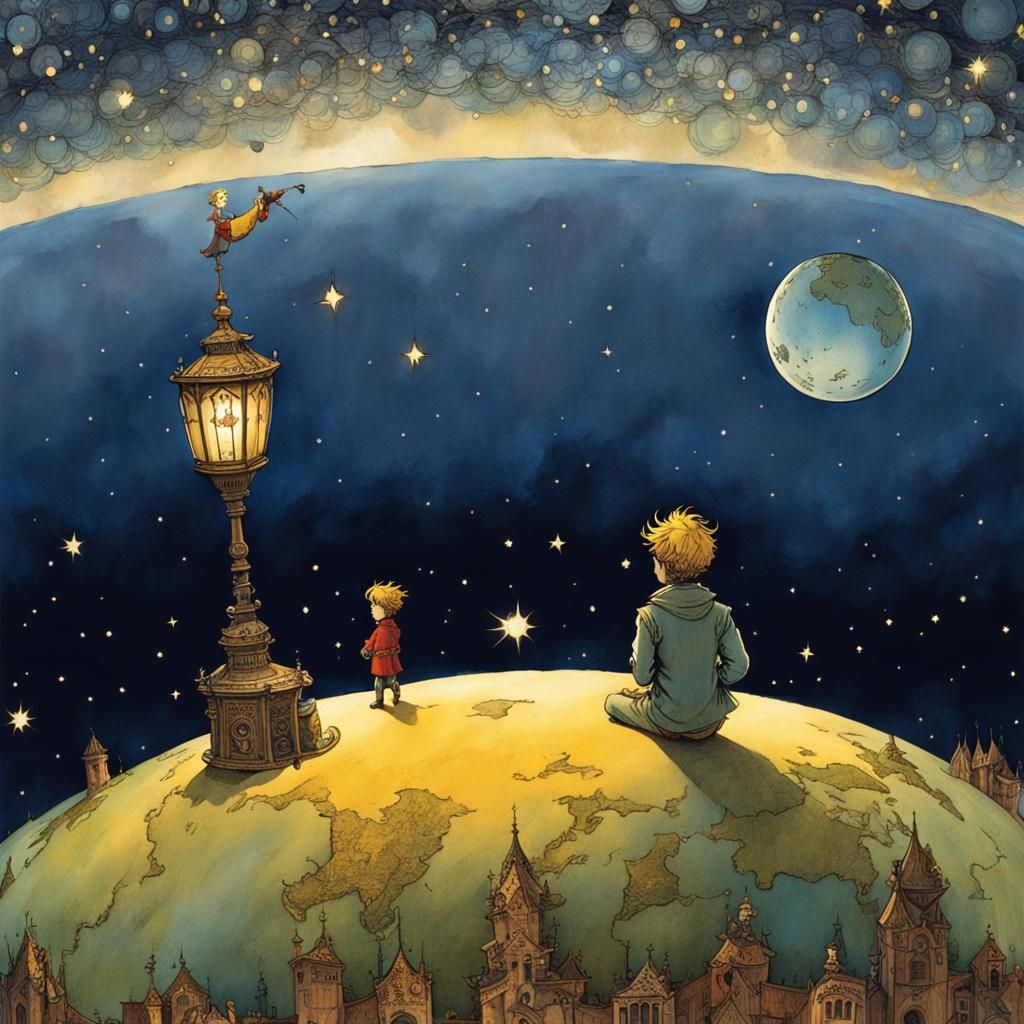 the little prince on the tiny planet of the lamplighter, by Antoine de Saint-Exupéry, by Posuka ...