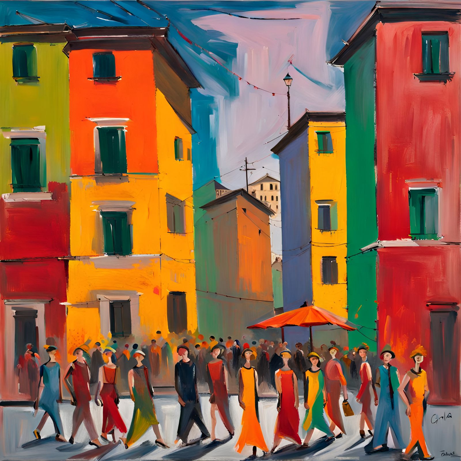 A Neo-Expressionist street scene featuring bright colors, bold ...