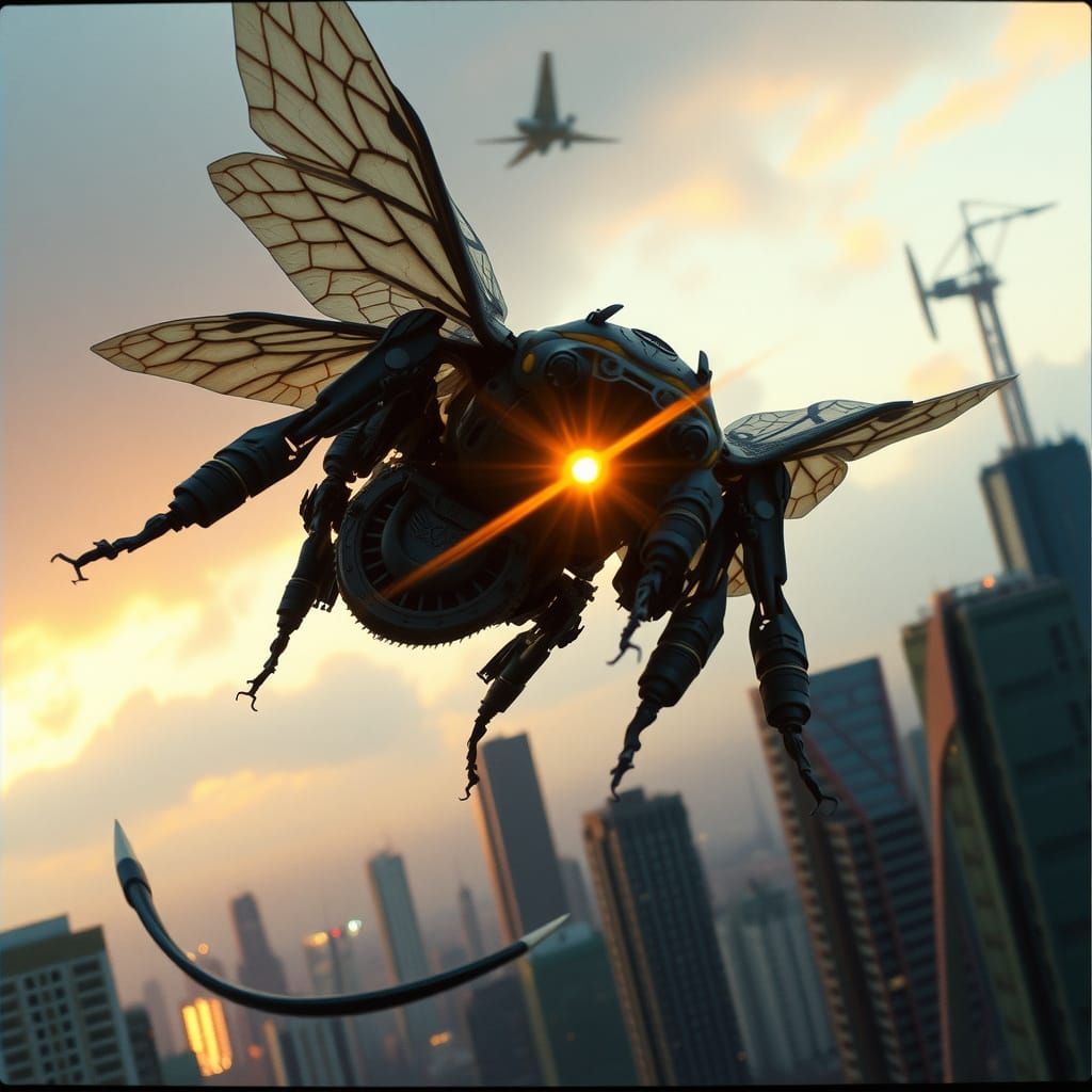 Cyberpunk Mecha Bee Soars Over Cityscape - AI Art