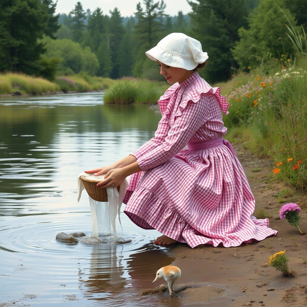 Laundry Day - Woman in Modest Prairie Dress Washes Laundry b...