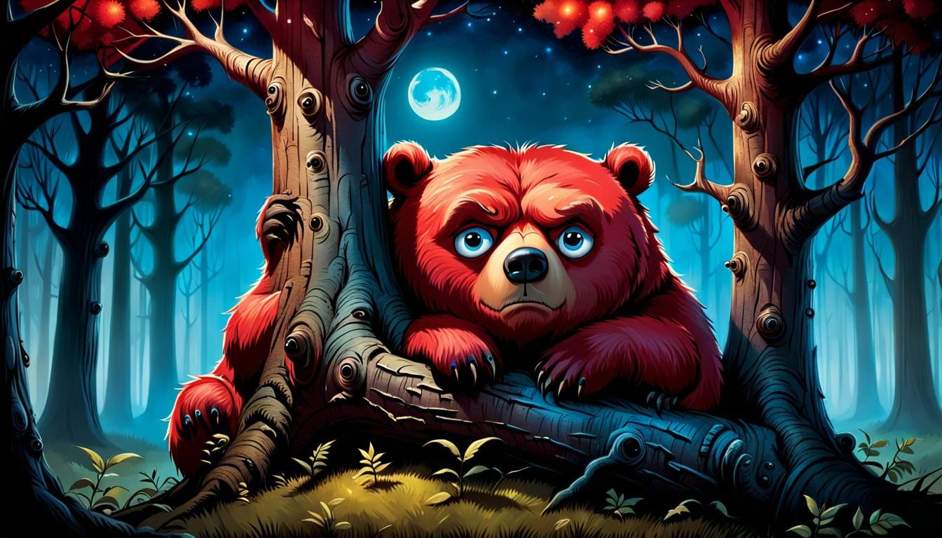Grumpy Red Bear Asleep in a Tree - AI Art