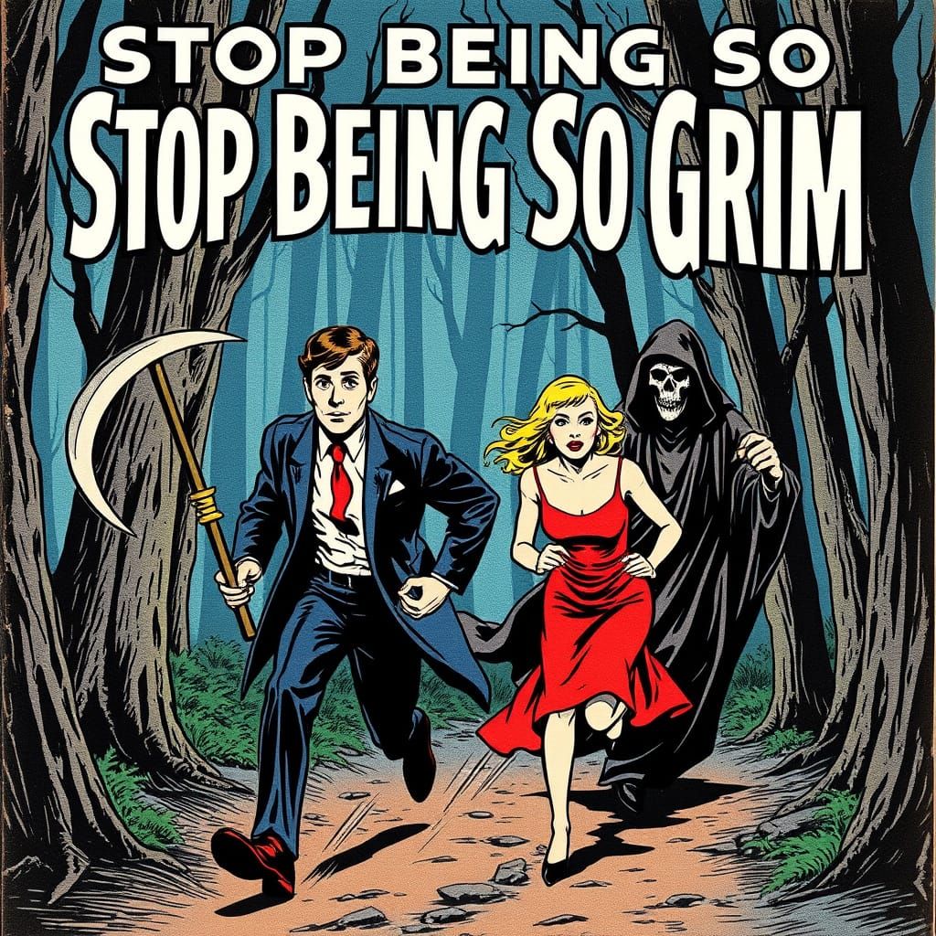 1920s Couple Flee Grim Reaper in Dark Forest Comic... - AI Art