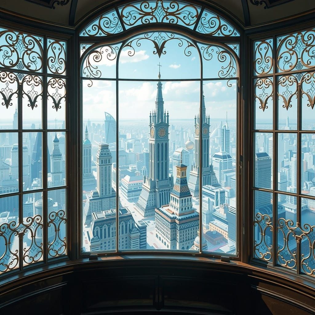 A giant bay window looks out upon a city made from glass