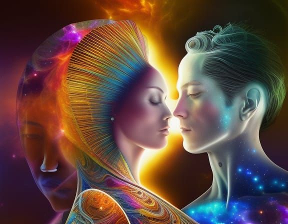 One cosmic energy field dividing into two human bodies, male and female ...