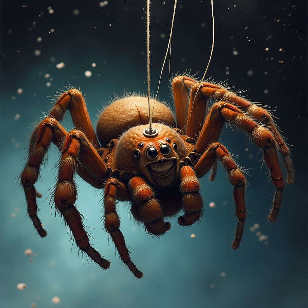 Giant spider, cuddly and cute watches you while hanging from the ceiling