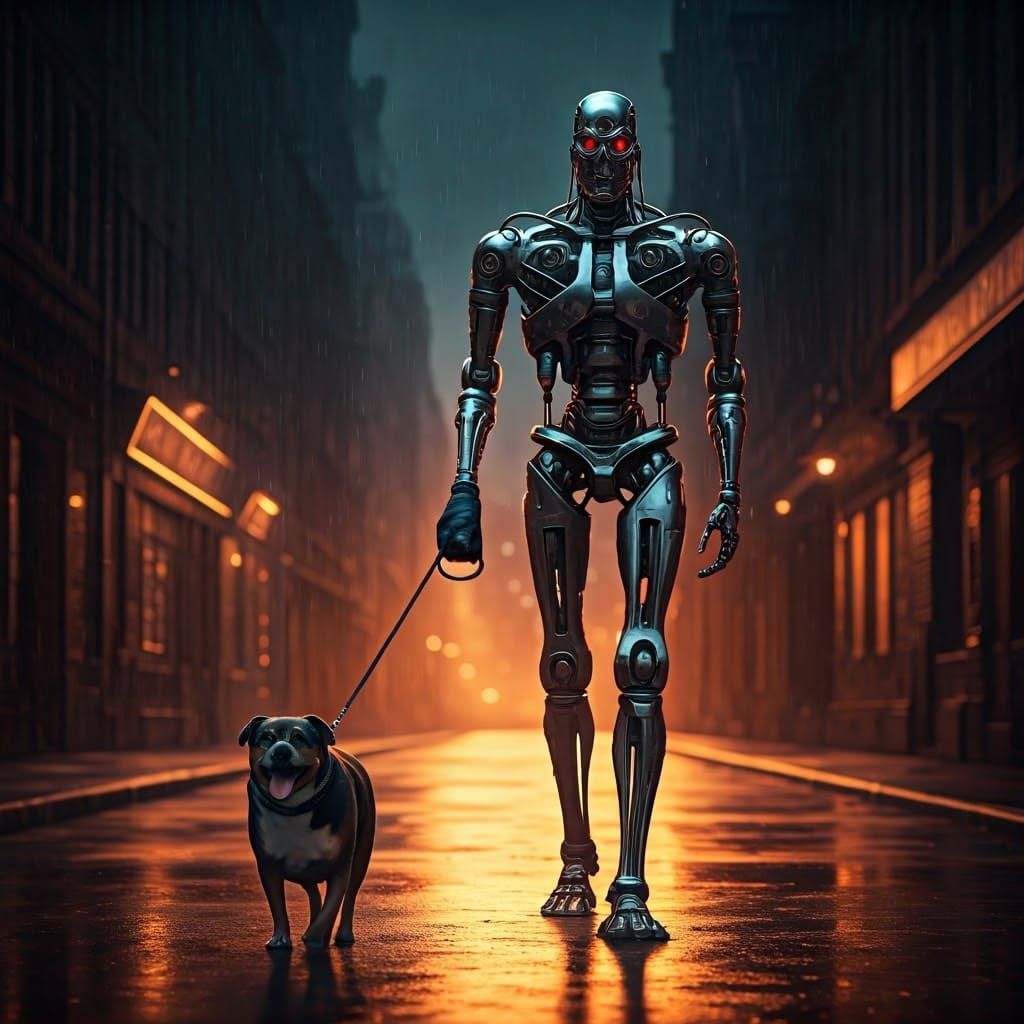 Cyberpunk Terminator Robot Walks Leashed Dog on Ra... - AI Art
