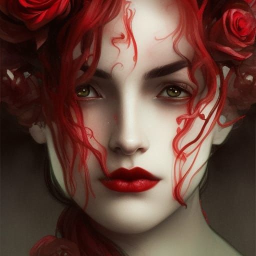 Dark Lady Beautiful Stunning Face Roses Watercolor Noble Woman