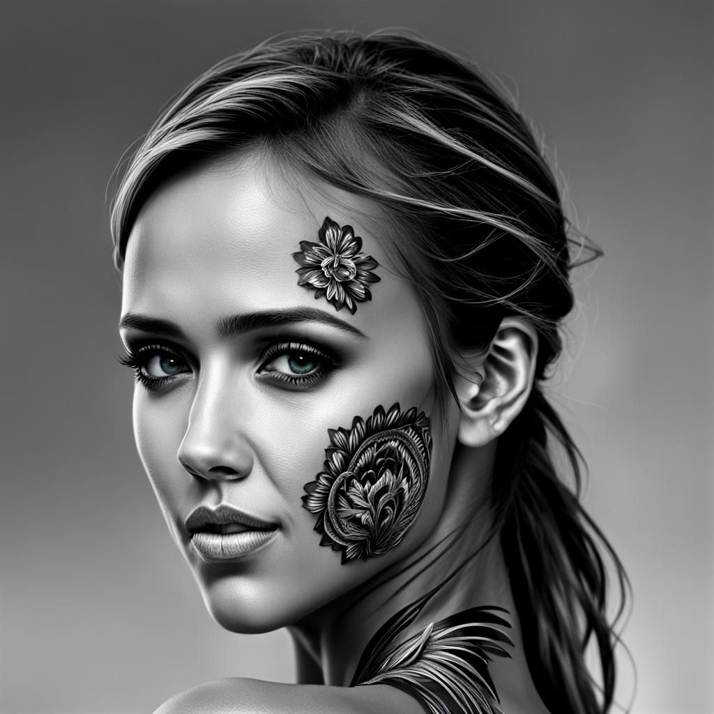 A realistic photo of Jessica Alba in body paint bikini, head and ...