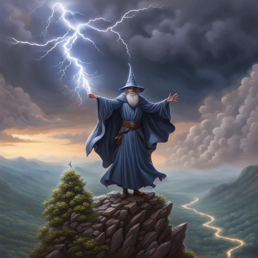 A wizard named Merlin stands on a mountain cliff, detailed, open arms ...