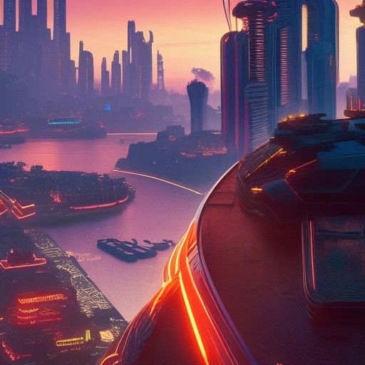 A steampunk city and in the distance a great dawn by a lake - AI ...