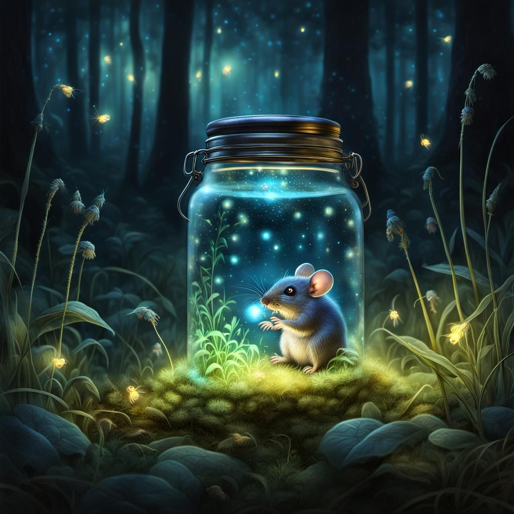 Photograph, hyperrealistic Charming Mouse is sitting on the grass and ...