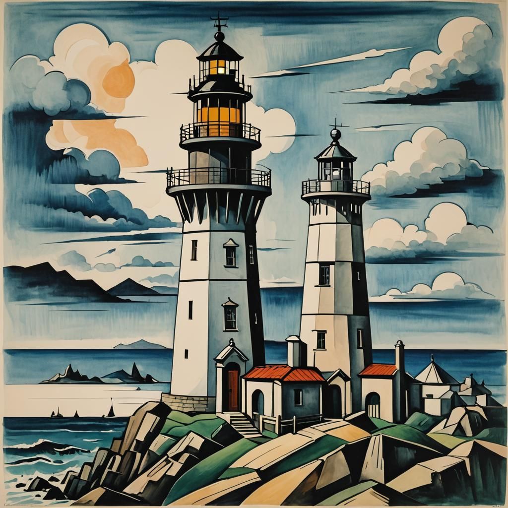 Lighthouse, cubist Japanese colour ink drawing the style of Pablo ...