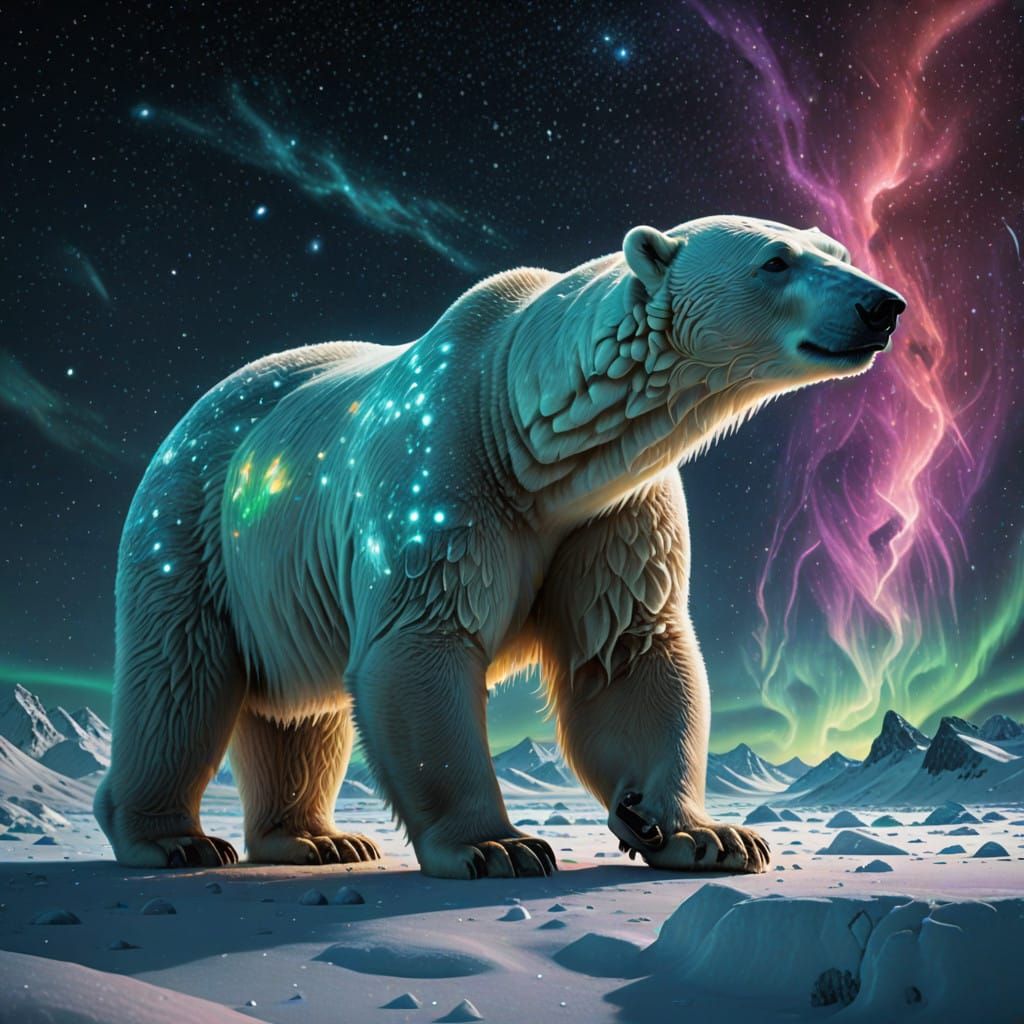 Ethereal Polar Bear Amidst Celestial Wonders in Cy... - AI Art